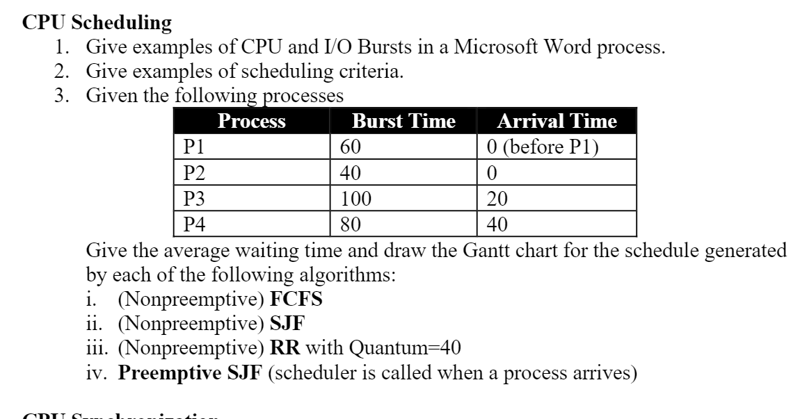 Solved CPU Scheduling 1. Give examples of CPU and I/O Bursts | Chegg.com
