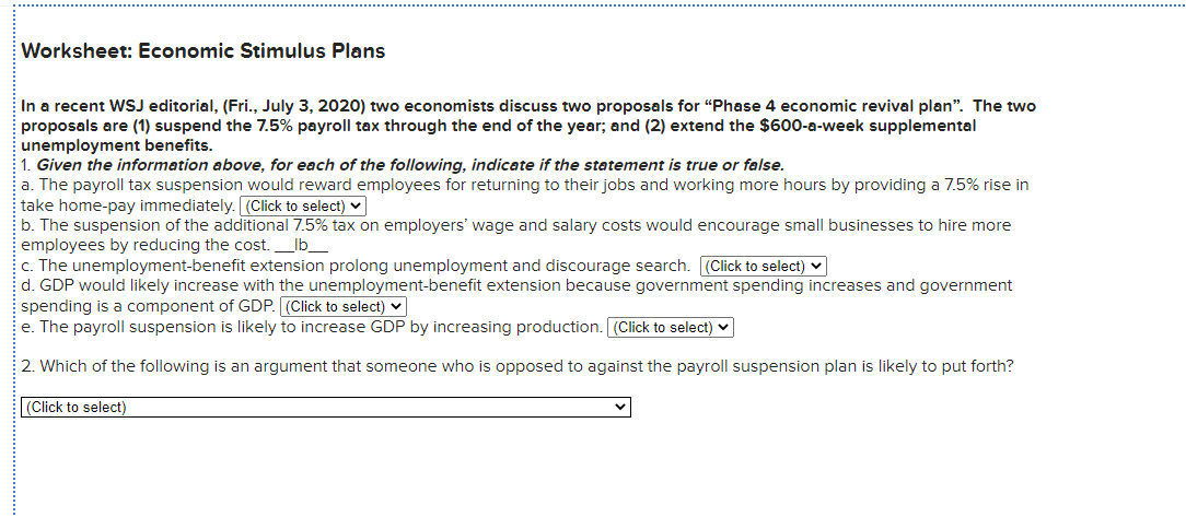 Worksheet: Economic Stimulus Plans In a recent WSJ | Chegg.com