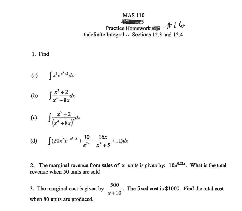 Solved MAS 110 Practice Homework樞# Indefinite Integral -- | Chegg.com
