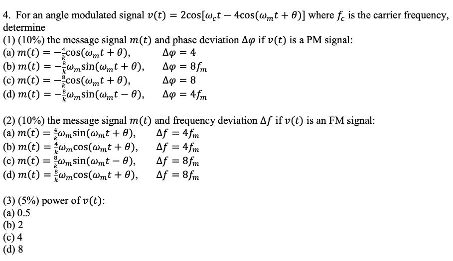 Solved 4. For an angle modulated signal | Chegg.com