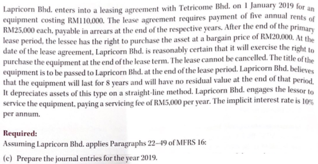 Solved Lapricorn Bhd. enters into a leasing agreement with | Chegg.com