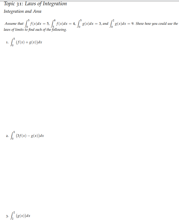 Solved Topic 31: Laws of Integration Integration and Area | Chegg.com