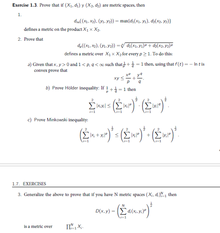 Solved Exercise 1.3. Prove that if (X1,d1) y (X2,d2) are | Chegg.com