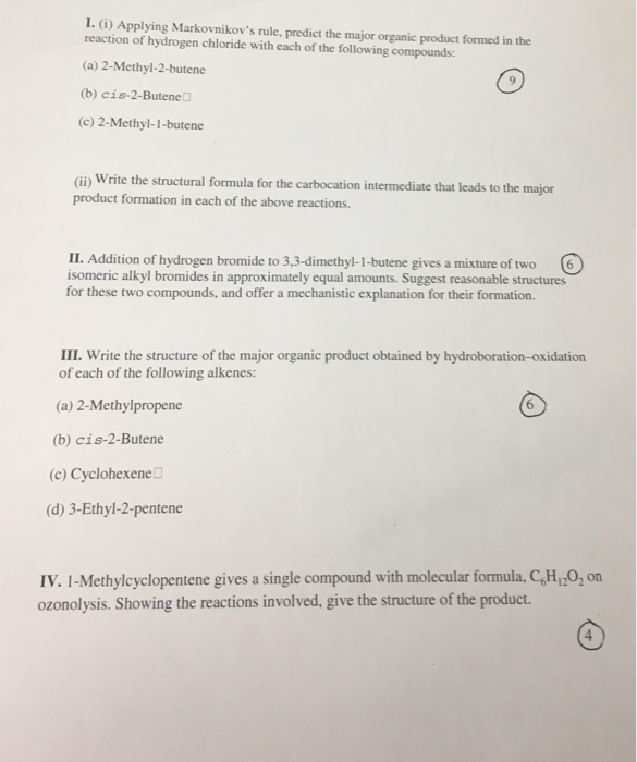 Solved !. (i) Applying Markovnikov's rule, predict the major | Chegg.com