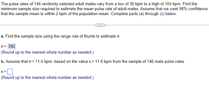 Solved a. ﻿Find the sample size using the range rule of | Chegg.com