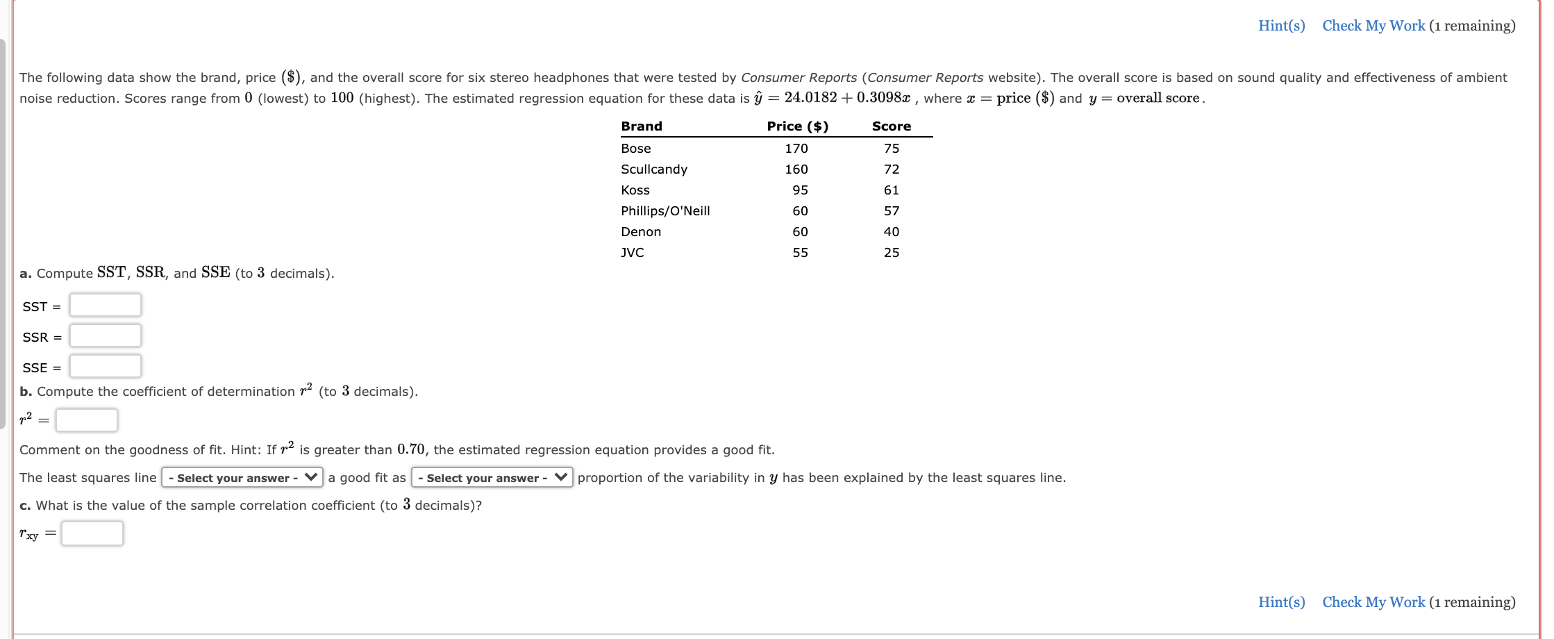 Solved Hint(s) Check My Work (1 remaining) The following | Chegg.com