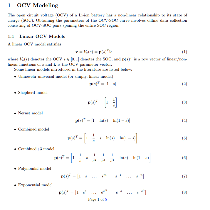 1 OCV Modeling The open circuit voltage (OCV) of a | Chegg.com