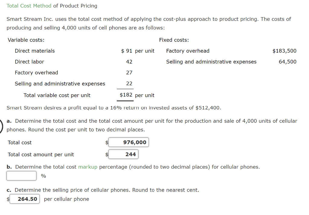 Solved Total Cost Method of Product Pricing Smart Stream | Chegg.com