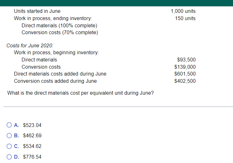 Solved Weighted Average Costing A 52304 B 46269 C 7748