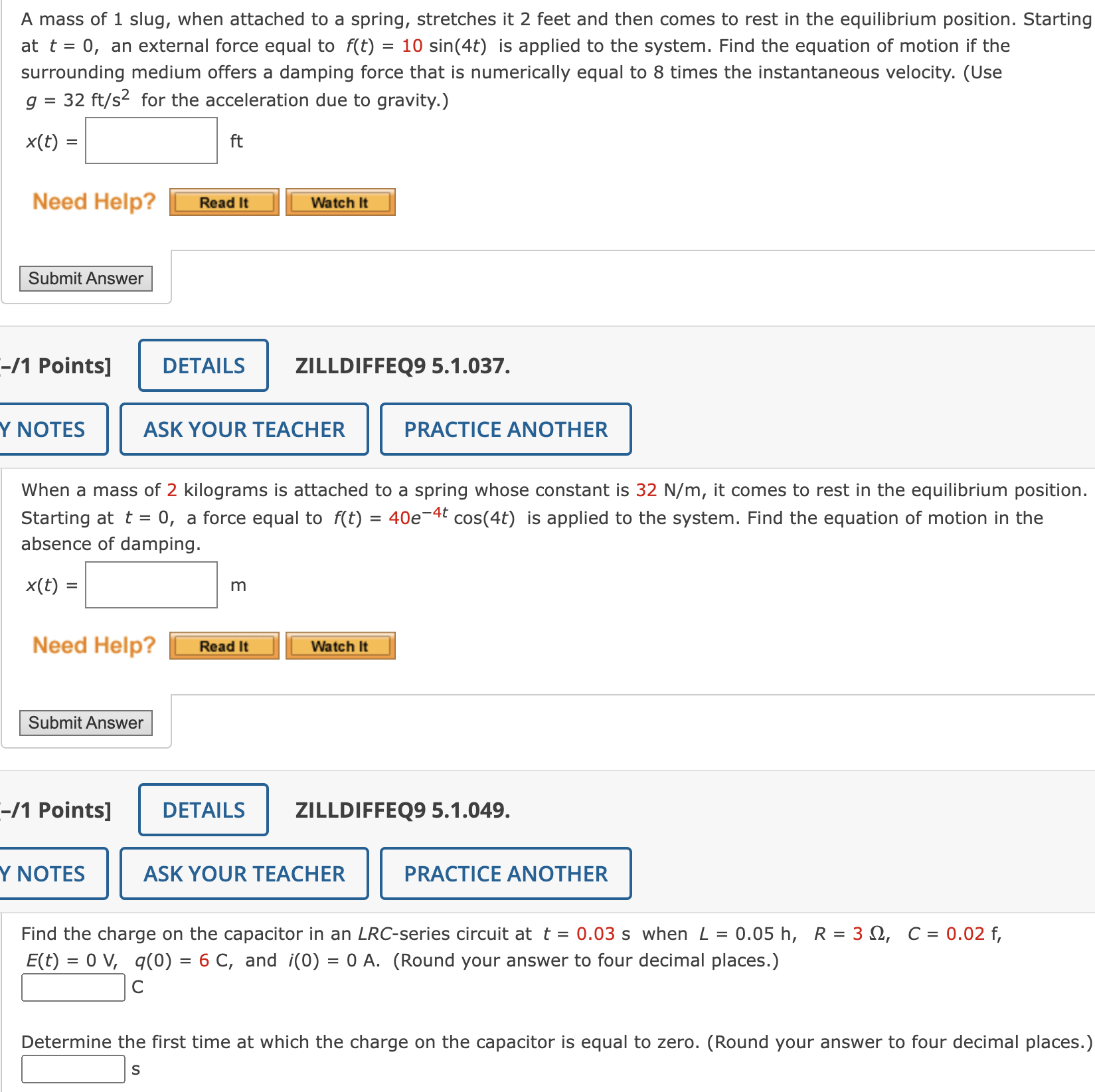Solved A mass of 1 slug, when attached to a spring, | Chegg.com