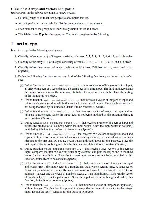 Solved COMP 53: Arrays and Vectors Lab, part 2 Instructions: | Chegg.com
