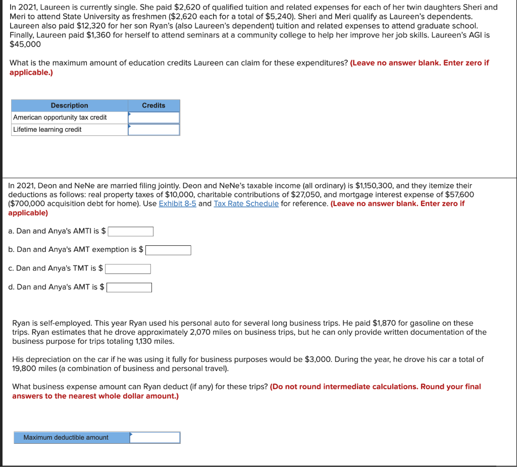 In 2021, Laureen is currently single. She paid $2,620 | Chegg.com