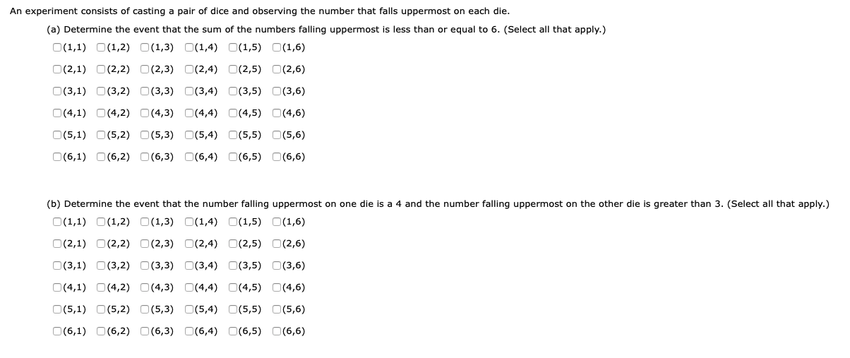 Solved An experiment consists of casting a pair of dice and | Chegg.com