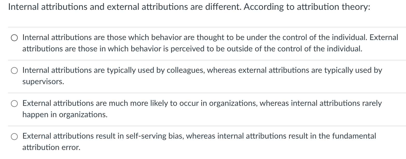 Solved Internal attributions and external attributions are | Chegg.com