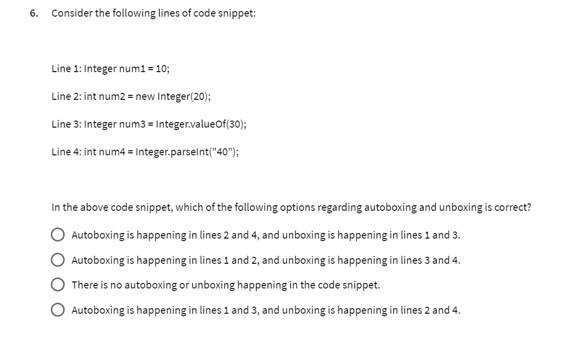 Solved Consider the following lines of code snippet:Line 1: | Chegg.com