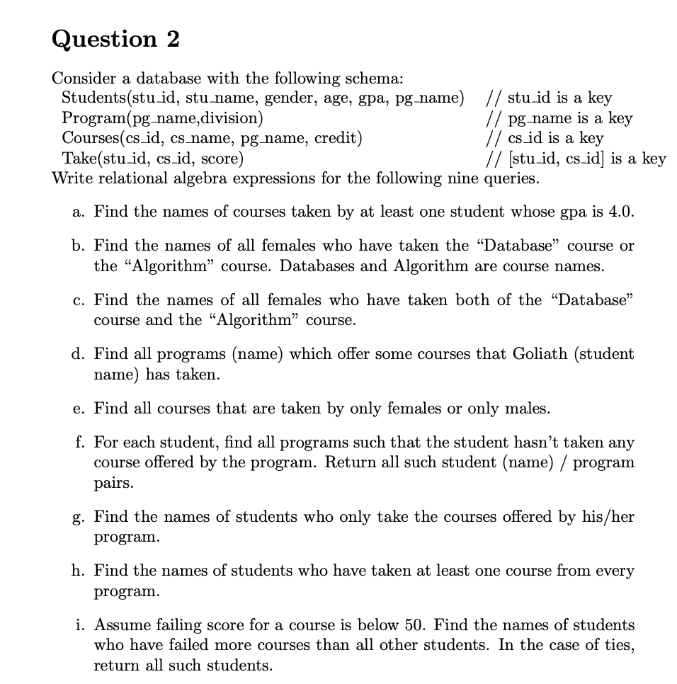 Solved Question 2 Consider a database with the following | Chegg.com
