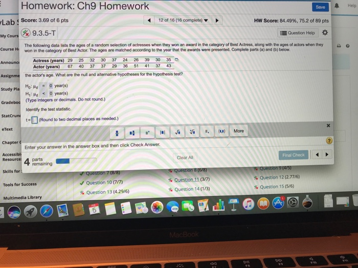 Solved Homework: Ch9 Homework ab Score: 3.69 of 6 pts Save A | Chegg.com