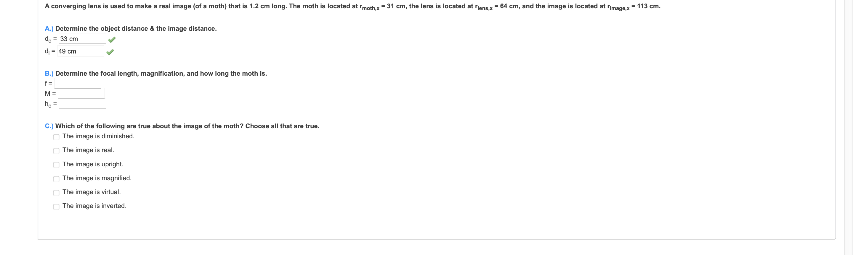 Solved A.) Determine the object distance \& the image | Chegg.com