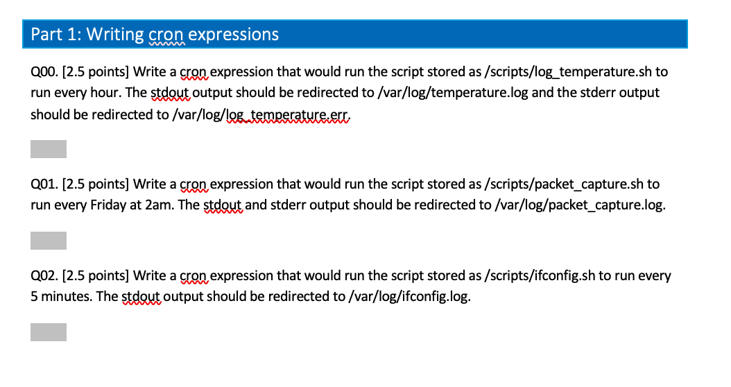 Solved Part 1: Writing cron expressions Q00. [2.5 points] | Chegg.com
