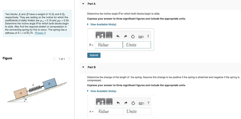 Solved Two blocks A and B have a weight of 10lb and 6lb, | Chegg.com