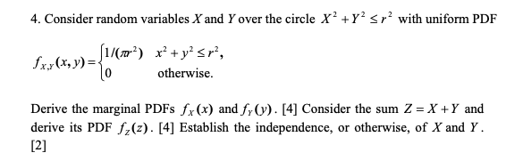 Solved 4. Consider random variables X and Y over the circle | Chegg.com