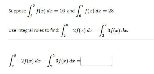 Solved Suppose ∫26f(x)dx=16 and ∫68f(x)dx=28. Use integral | Chegg.com