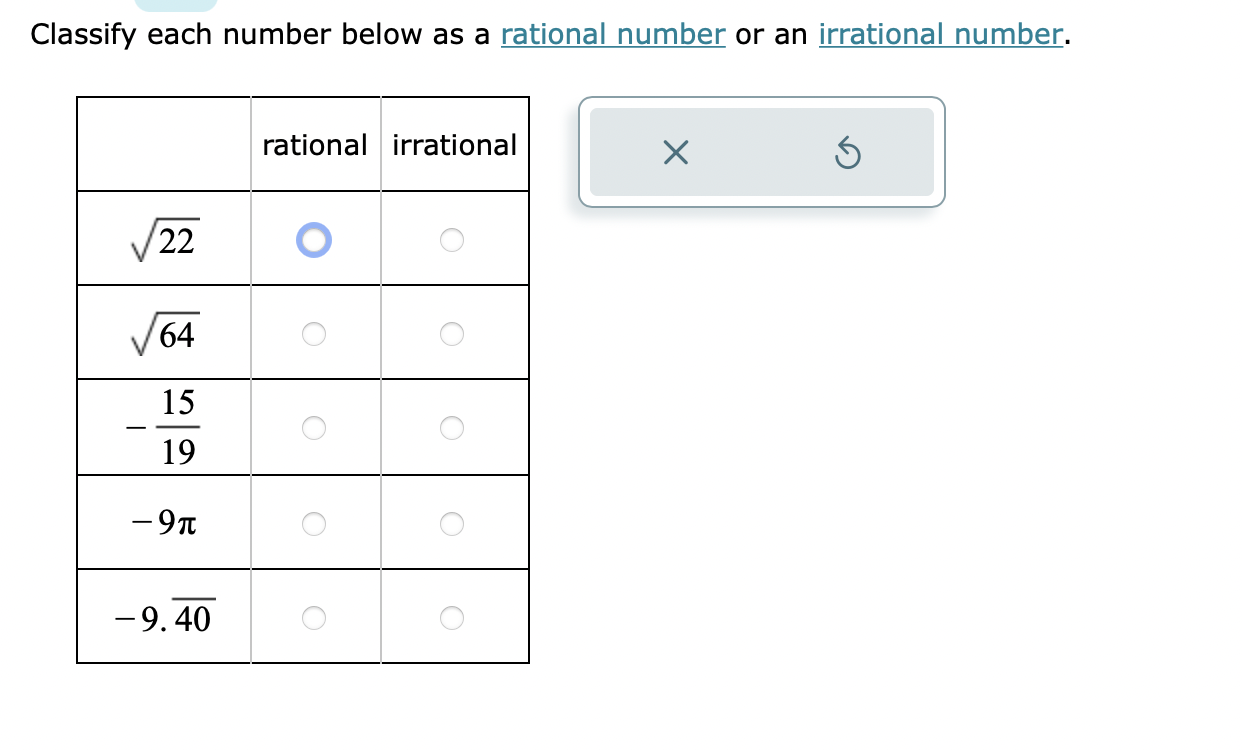 Solved Classify each number below as a rational number or an | Chegg.com