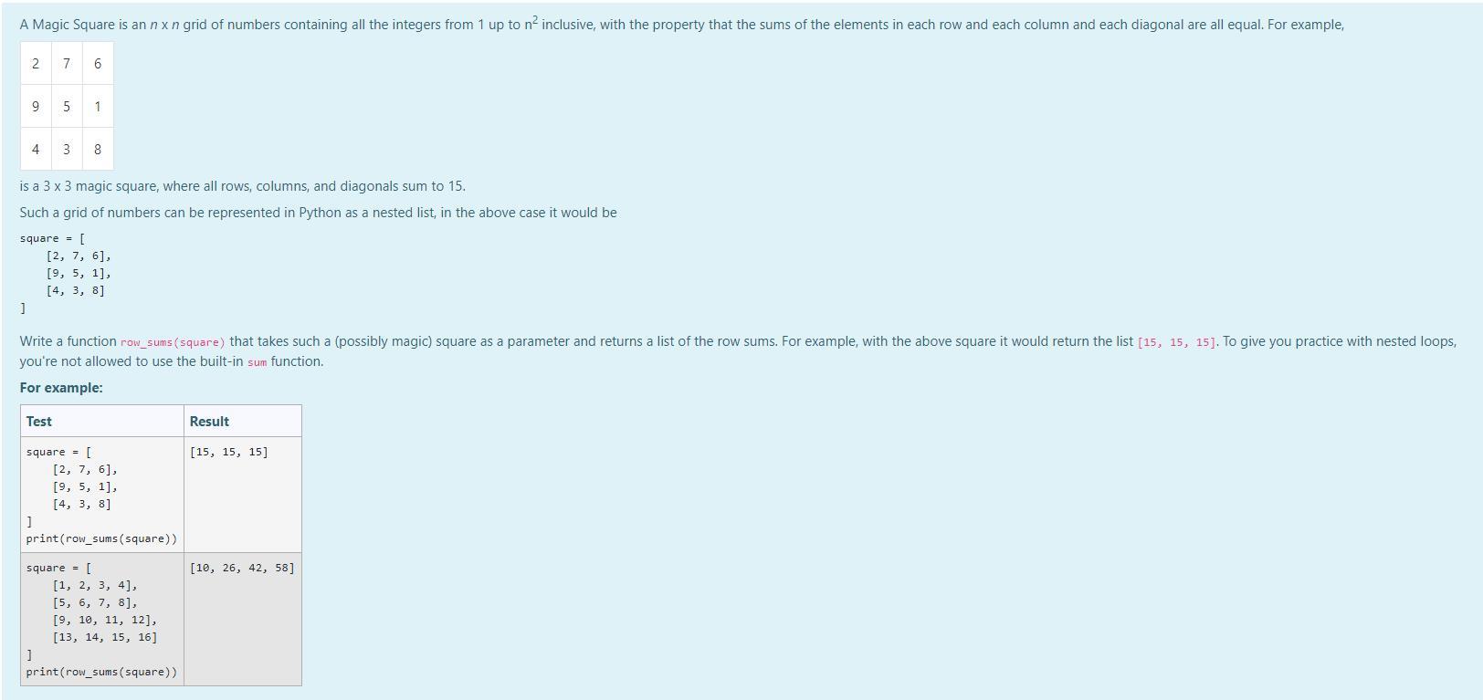 Solved A Magic Square is an n x n grid of numbers containing | Chegg.com