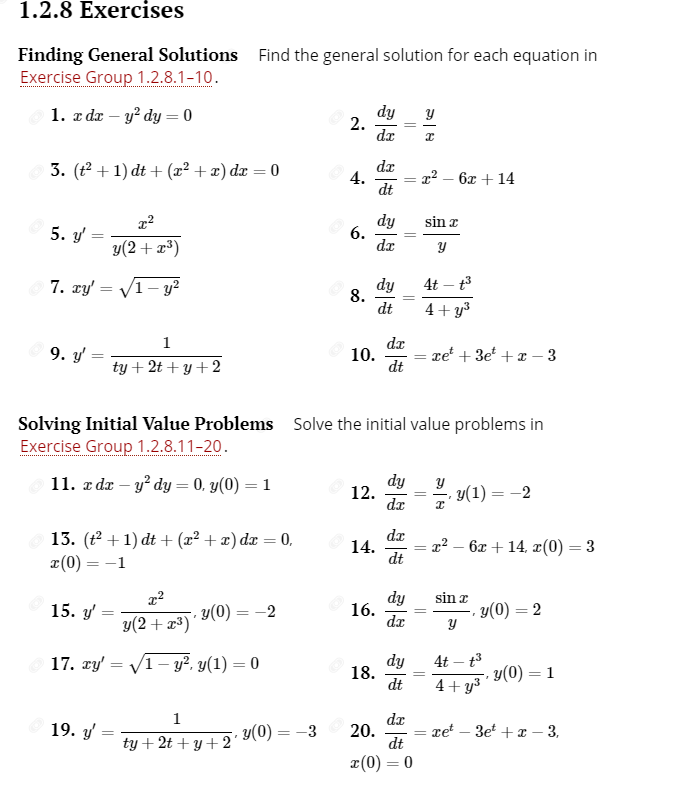 Solved 1.2.8 Exercises Finding General Solutions Exercise | Chegg.com