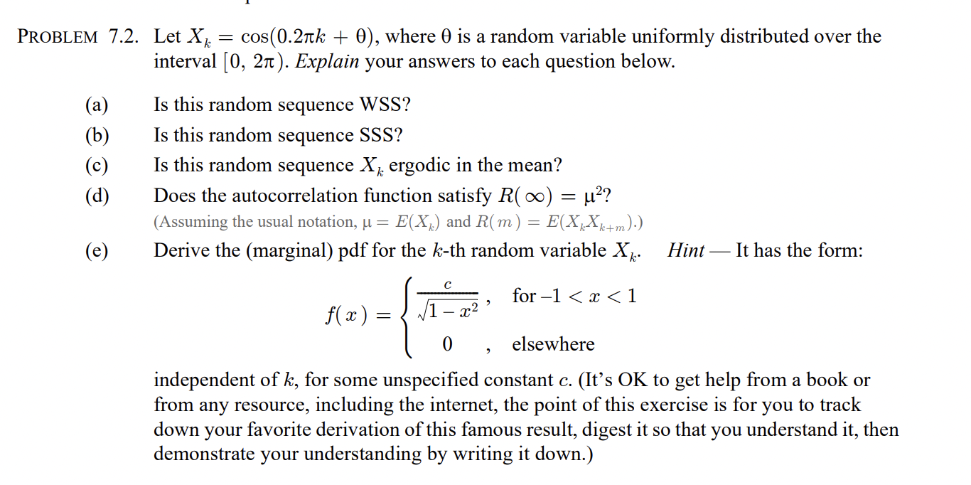 7.2. Let Xk=cos(0.2πk+θ), where θ is a random | Chegg.com