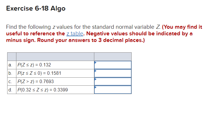 Solved Exercise 6-18 Algo Find the following z values for | Chegg.com