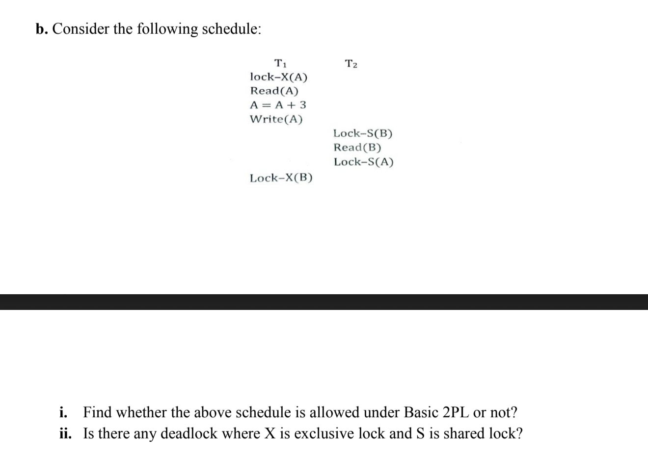 Solved b. Consider the following schedule: T1 T2 lock-X(A) | Chegg.com