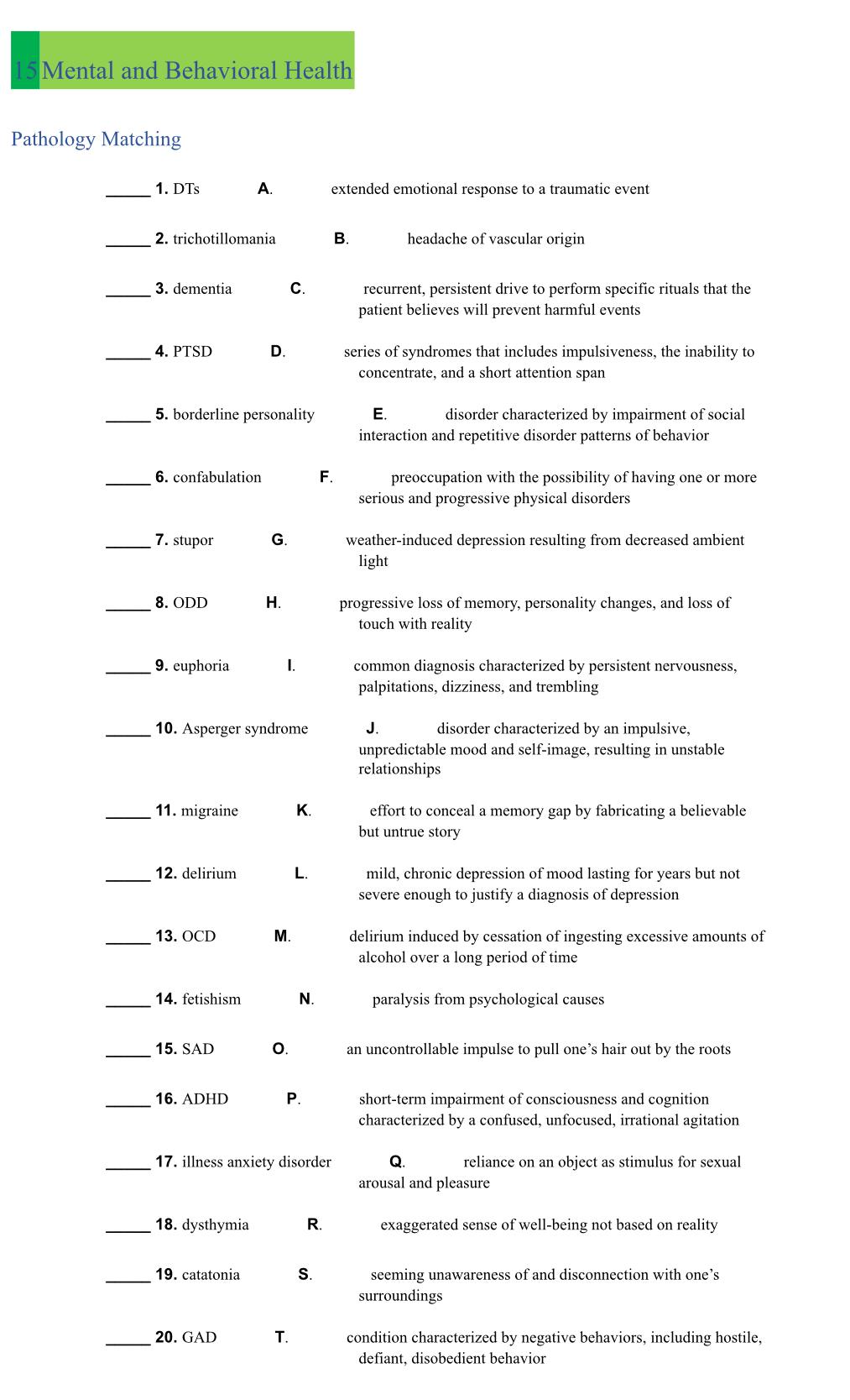 Solved 15 Mental and Behavioral Health Pathology Matching 1. | Chegg.com