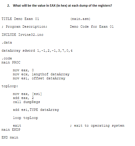 Solved 2. What will be the value in EAX (in hex) at each | Chegg.com