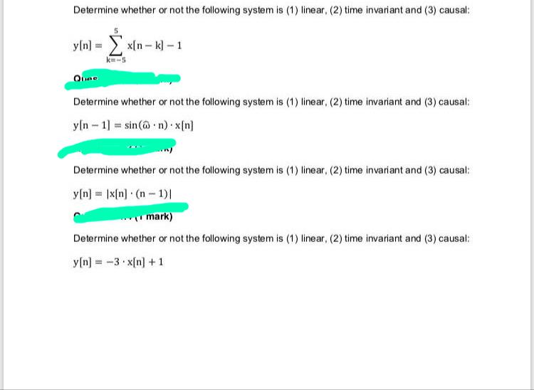 Solved Determine whether or not the following system is (1) | Chegg.com