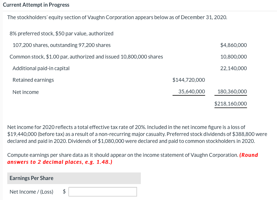 Solved Current Attempt in Progress The stockholders' equity | Chegg.com