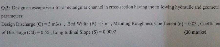 Solved 0.3: Design an escape weir for a rectangular channel | Chegg.com