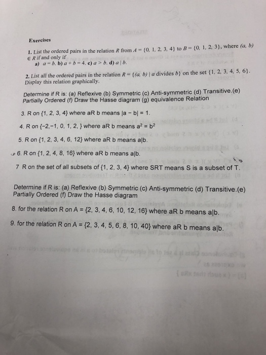 Solved Exercises 1. List the ordered pairs in the relation R | Chegg.com