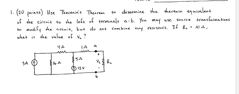 Solved (20 ﻿points) ﻿Use Thevenin's Theorem to ﻿determine | Chegg.com