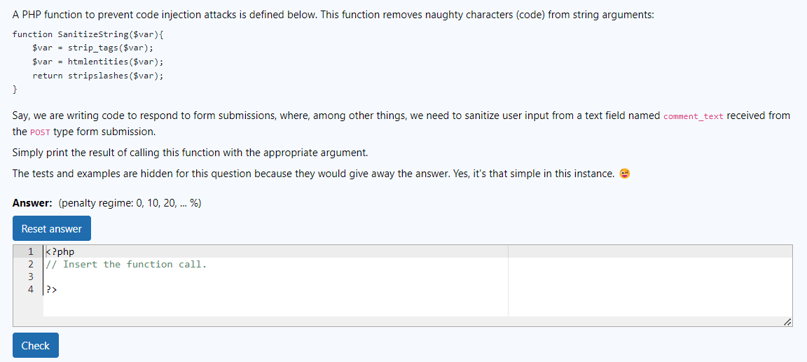 A Php Function To Prevent Code Injection Attacks Is 6693
