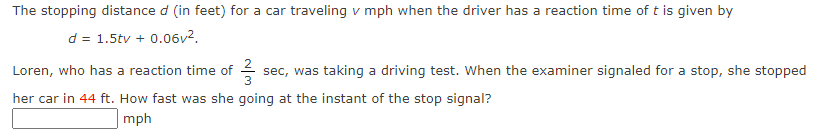 Solved The stopping distance d (in feet) for a car traveling | Chegg.com