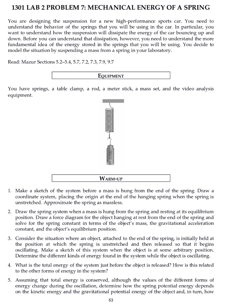 Solved 1301 LAB 2 PROBLEM 7: MECHANICAL ENERGY OF A SPRING | Chegg.com