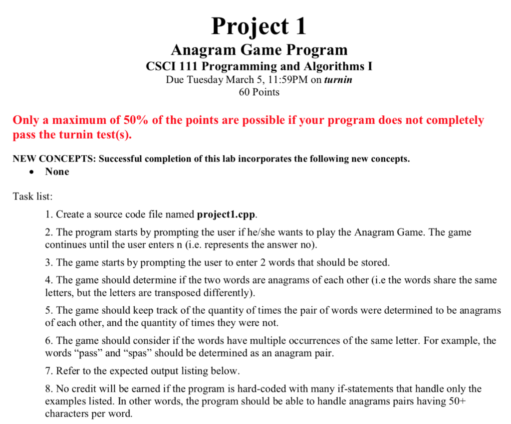 Solved Project 1 Anagram Game Program Csci 111 Programming 4658