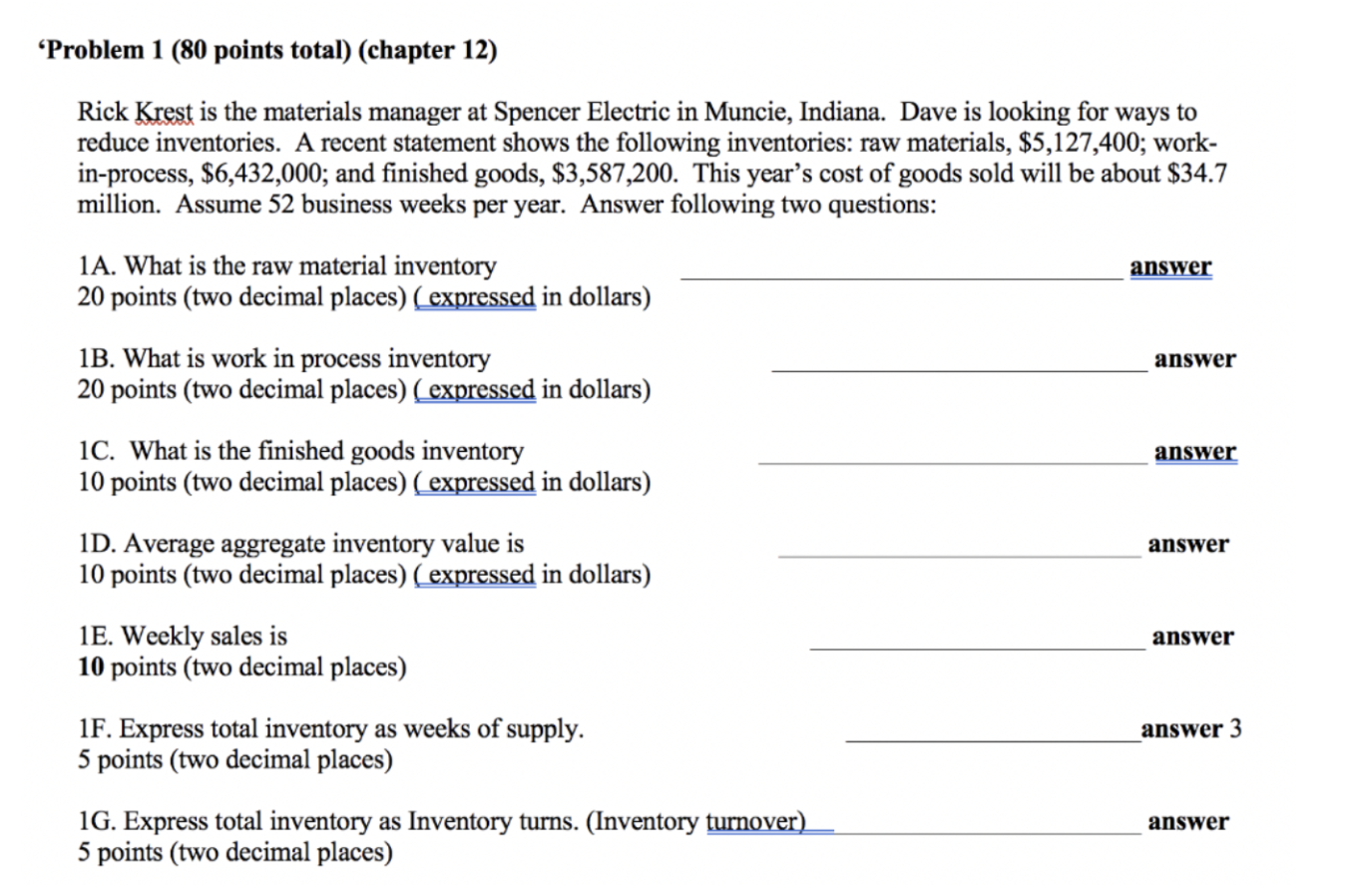 Solved ‘Problem 1 (80 points total) (chapter 12) Rick Krest | Chegg.com
