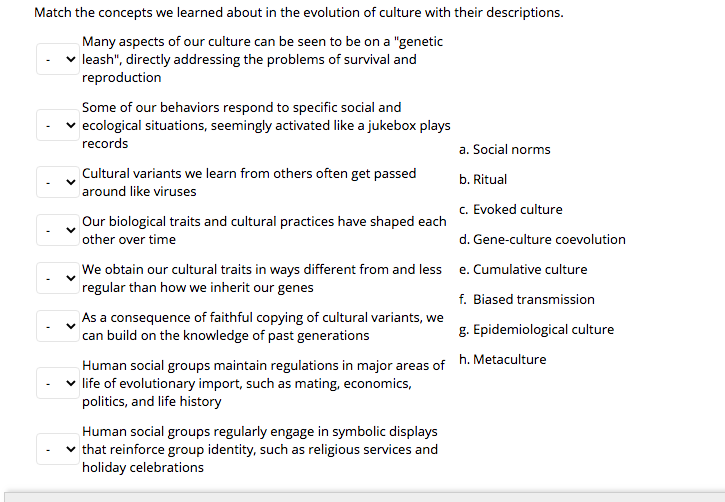 Match the concepts we learned about in the evolution | Chegg.com