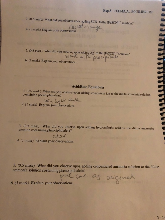 Solved Exp.5 CHEMICAL EQUILIBRIUM Name: Section Date: | Chegg.com