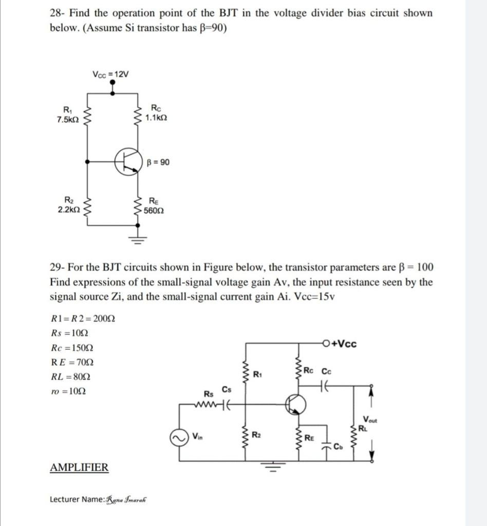 Solved 28- Find the operation point of the BJT in the | Chegg.com