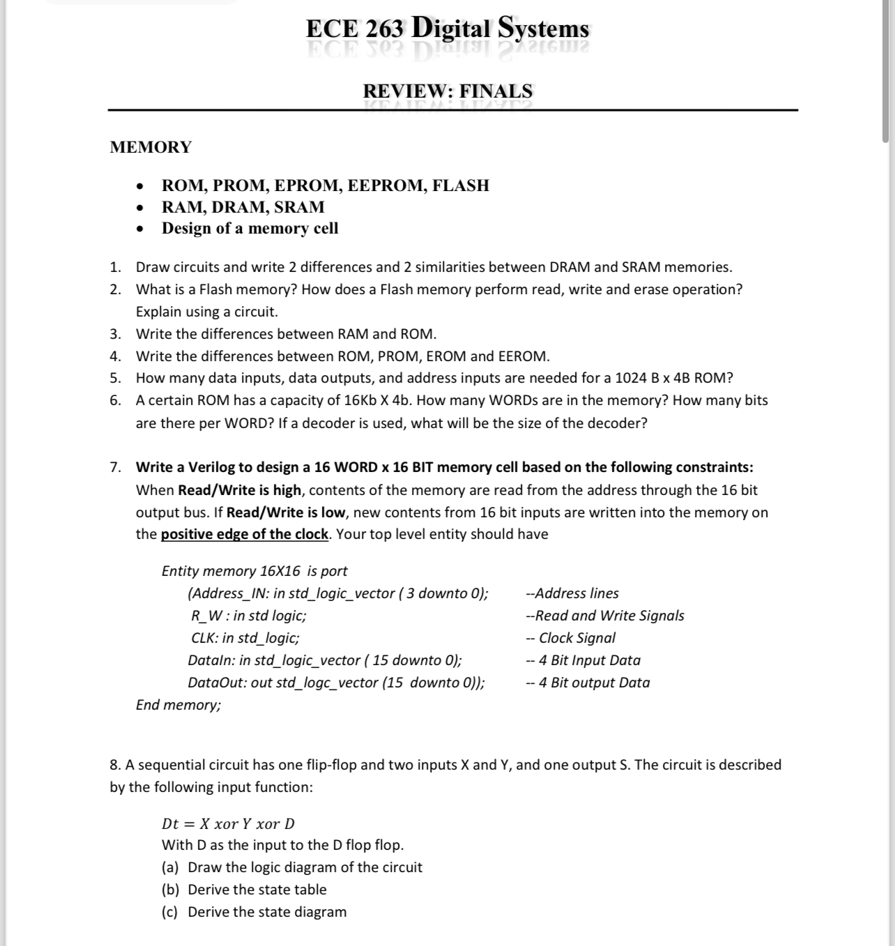 Solved ROM, PROM, EPROM, EEPROM, FLASHRAM, DRAM, SRAMDesign | Chegg.com