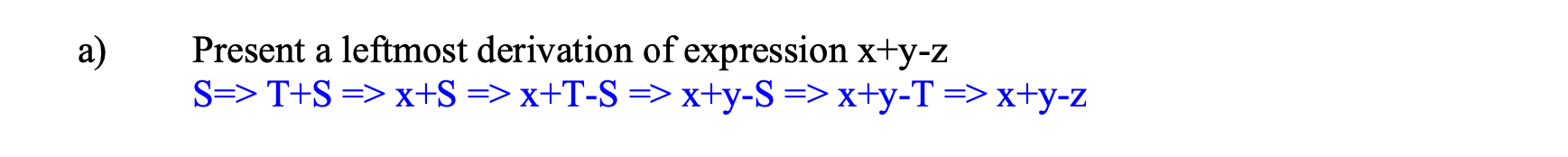 Solved a) Present a leftmost derivation of expression x+y−z | Chegg.com