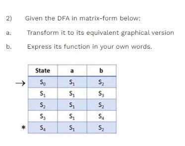 Solved 2) a. Given the DFA in matrix-form below: Transform | Chegg.com